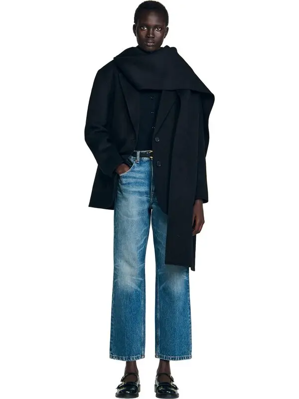 Sandro Wool Coat With Removable Scarf - Black