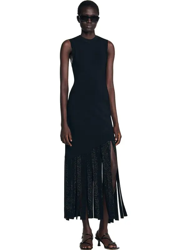 Sandro Sleeveless Knit Maxi Dress With Fringe - Black