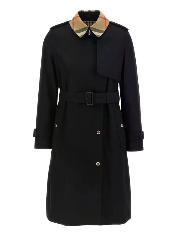 Burberry Check Pattern-collar Belted Trench Coat - Black