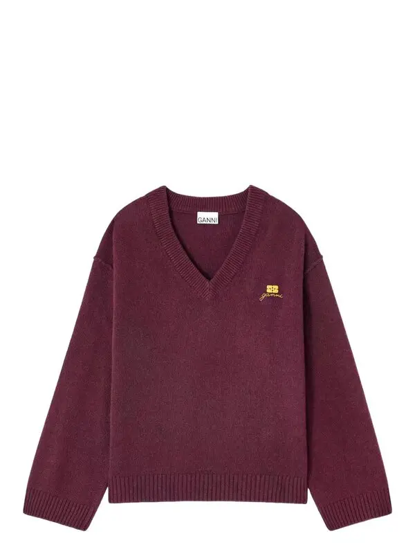 GANNI V-neck Logo-detail Sweater - Red