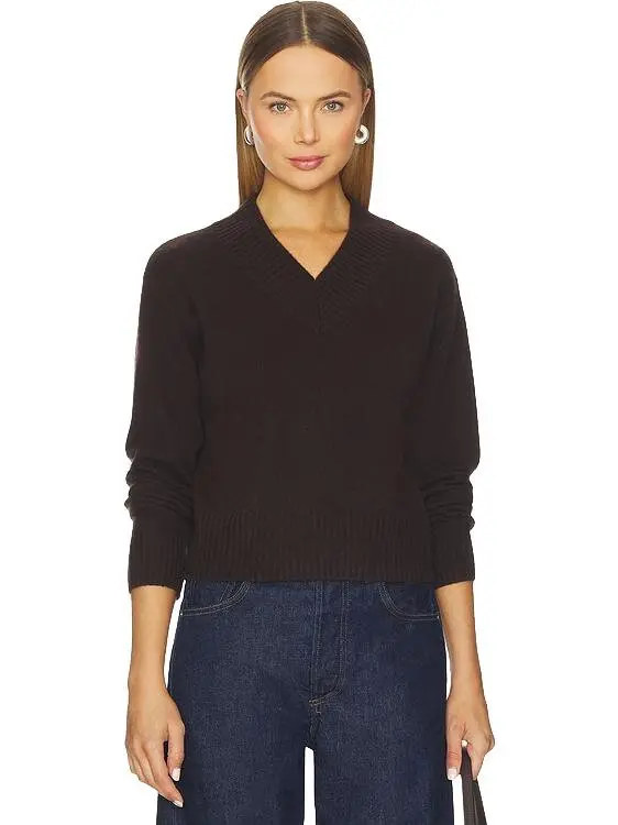 WHITE & WARREN Cashmere Wide Rib Trim V-neck Top - Dark Umber