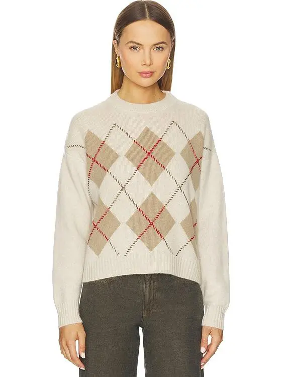 WHITE & WARREN Cashmere Argyle Crew Sweater - Natural Combo