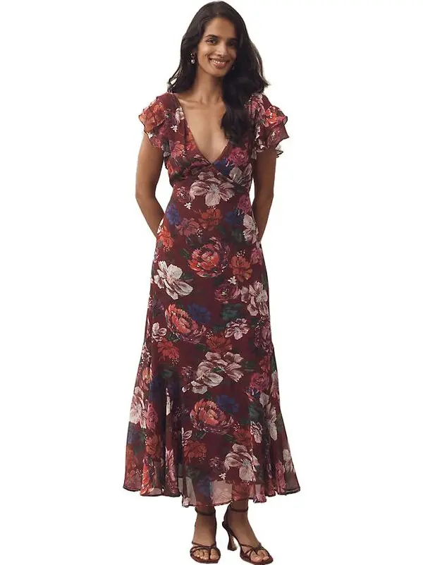 Bhldn Flutter-sleeve Plunging Maxi Dress - Burgundy