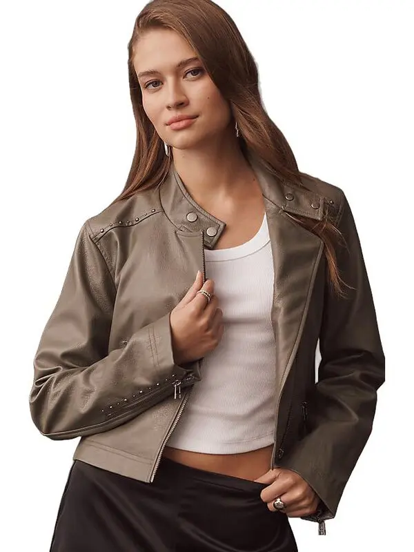 Anthropologie Studded Faux Leather Crop Jacket - Cool Olive