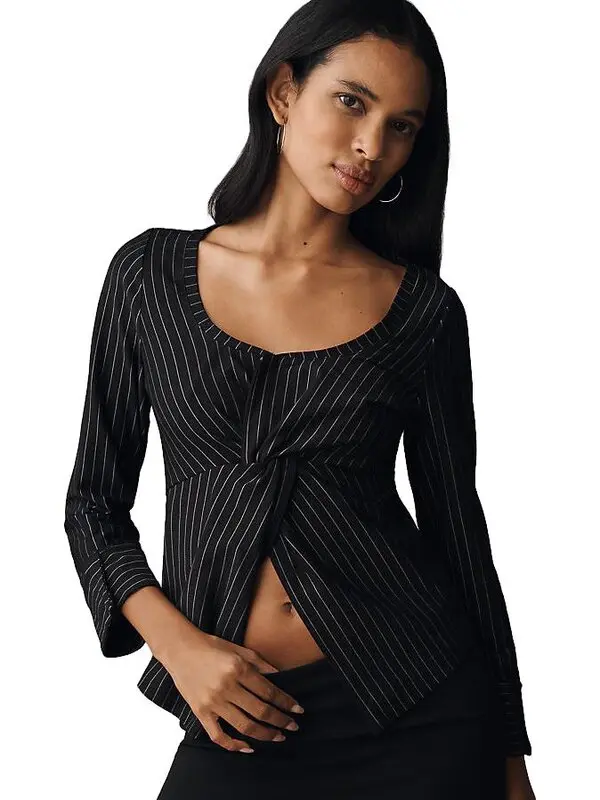 Maeve Twisted Pinstripe Open-front Top - Black & White