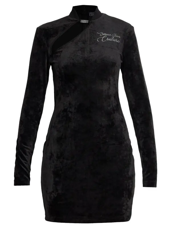 Versace Velvet Mini Dress With Turtleneck - Black