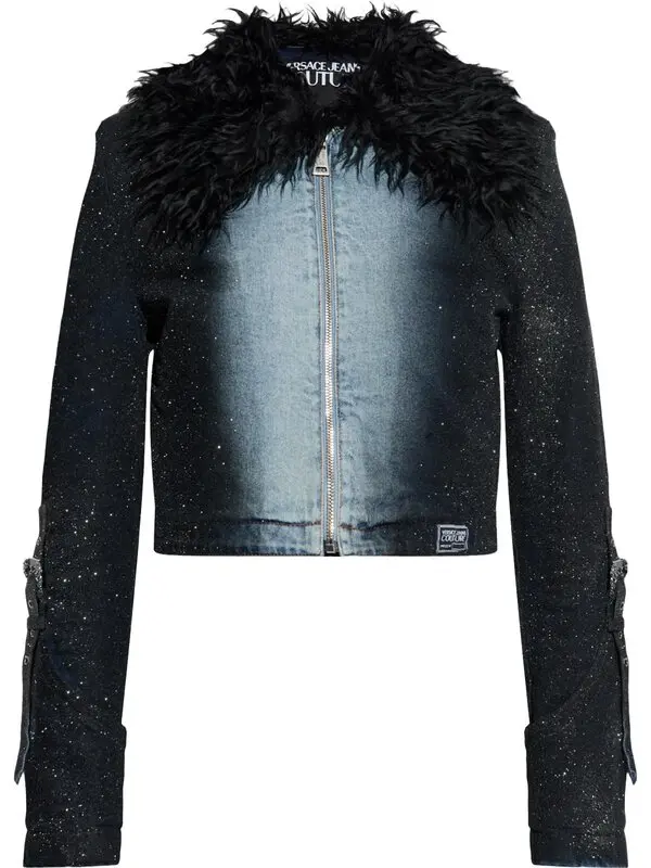 Versace Denim Jacket With Glitter And Fur Collar - Black