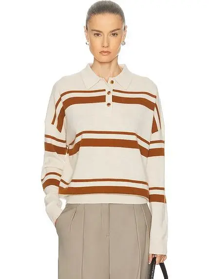 Renggli Cashmere Striped Polo Top - Eggshell & Saffron