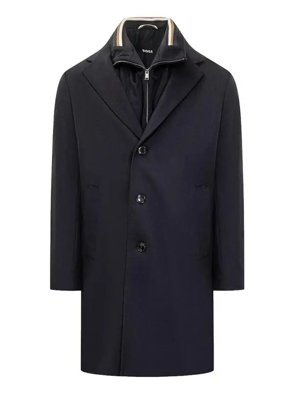 BOSS Wool Coat With Zip Detail - Blue