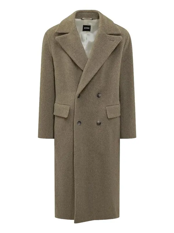 BOSS Herringbone Wool Double-breasted Coat - Brown