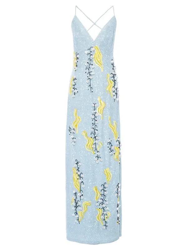 DES_PHEMMES Sequined Floral Maxi Dress - Light Blue