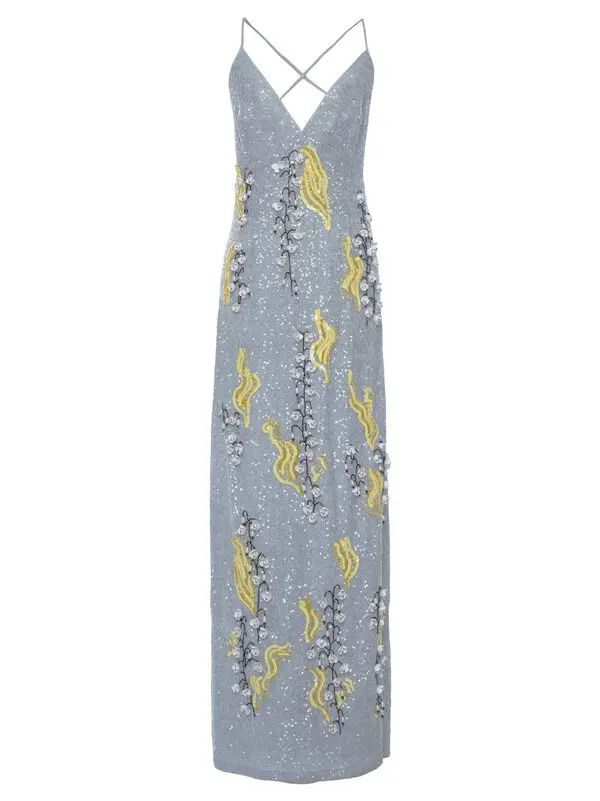 DES_PHEMMES Sequined Floral Maxi Dress - Light Blue