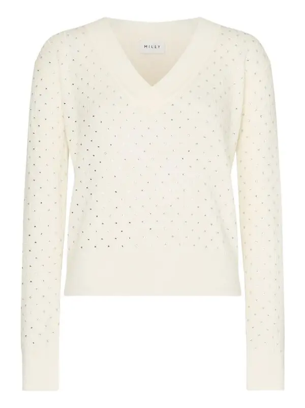 MILLY Rhinestone V-neck Sweater - Ecru
