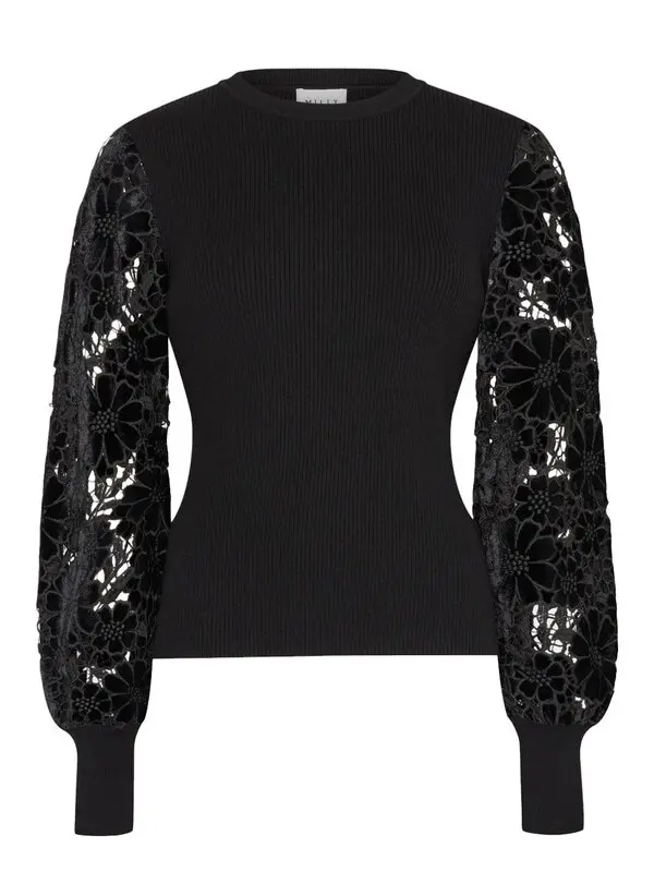 MILLY Velvet Lace Sleeve Sweater - Black