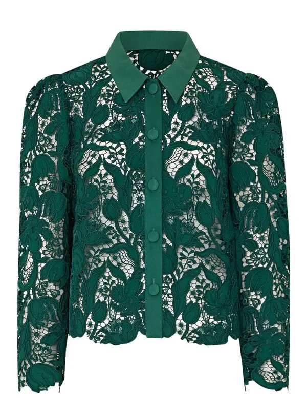 MILLY Tulip Garden Lace Long Sleeve Blouse - Dark Green