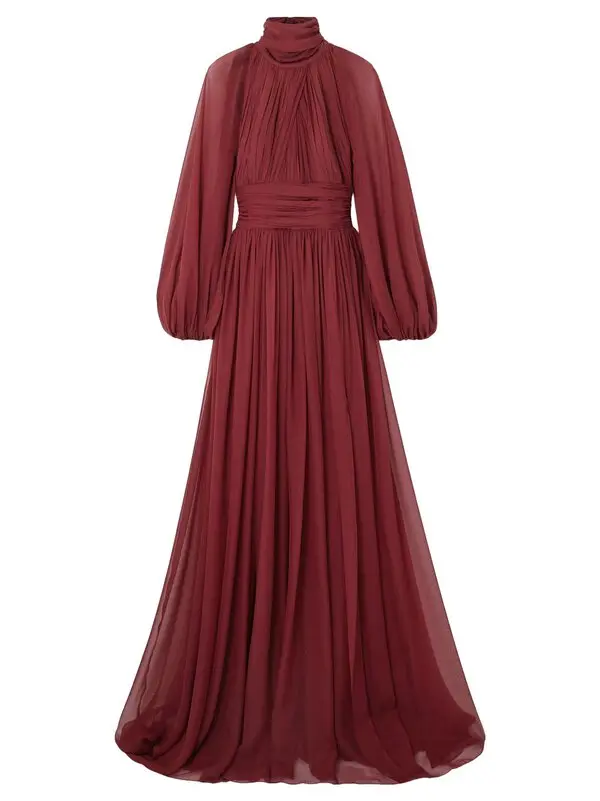 Zuhair Murad Pleated Silk-chiffon Turtleneck Gown - Burgundy