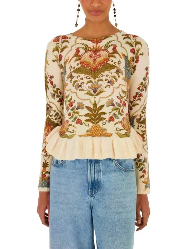 Farm Rio Ruffled Floral Print Sweater - Neutrals