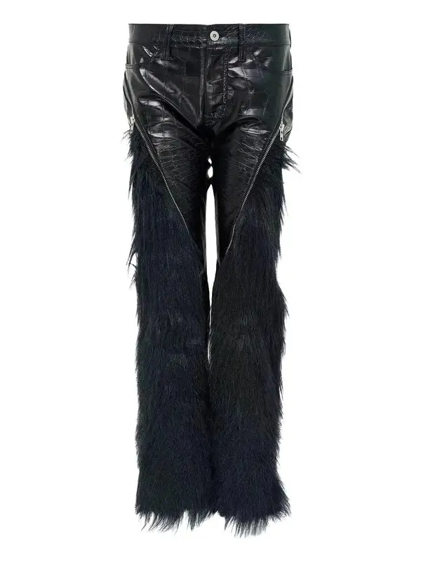 Junya Watanabe Crocodile-effect Fur-trimmed Trousers - Black