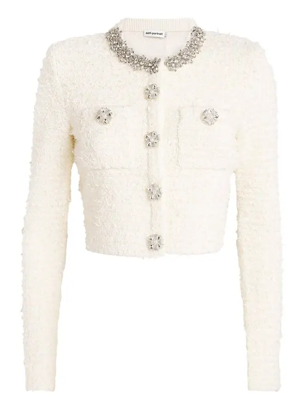 SELF-PORTRAIT Bouclé Embellished Cardigan - Ivory