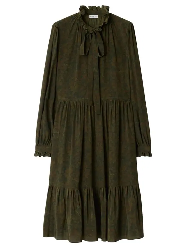 Burberry Silk Crepe Foliage Midi Dress - Green