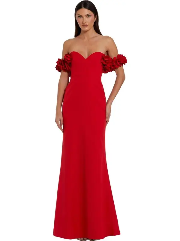 Mac Duggal Crepe Off-the-shoulder Gown With Floral Appliqu - Red