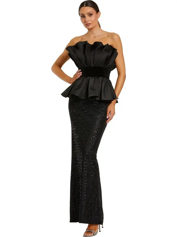 Mac Duggal Strapless Satin Peplum Sequin Column Gown - Black