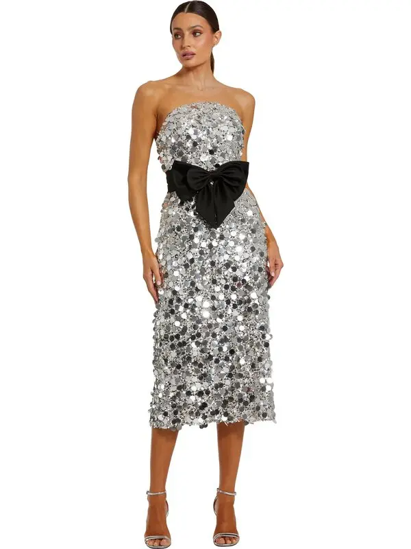 Mac Duggal Strapless Paillette Column Midi Dress With Bow - Black Silver