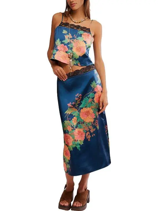 Free People Salvatore Floral Lace Trim Camisole And Midi Skirt Set - Reflecting Pond Comb