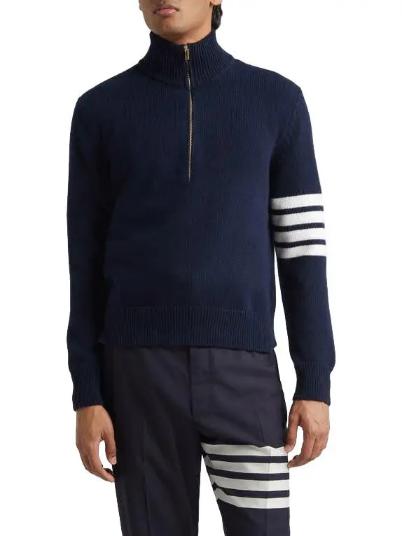 Thom Browne 4-bar Jersey Stitch Virgin Wool Half Zip Sweater - Navy