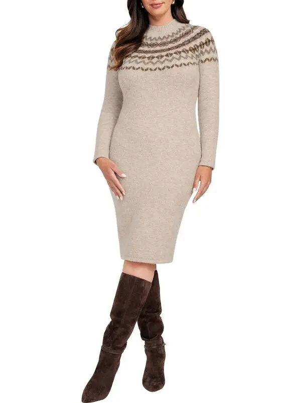 MARCIANO Akila Jacquard Detail Long Sleeve Sweater Dress - Beige Multi