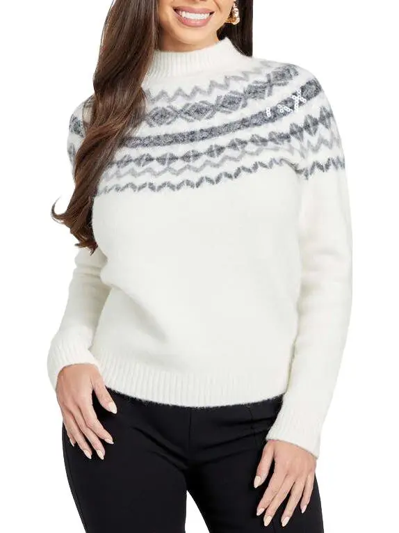 MARCIANO Akilah Fair Isle Mock Neck Sweater - White Multi