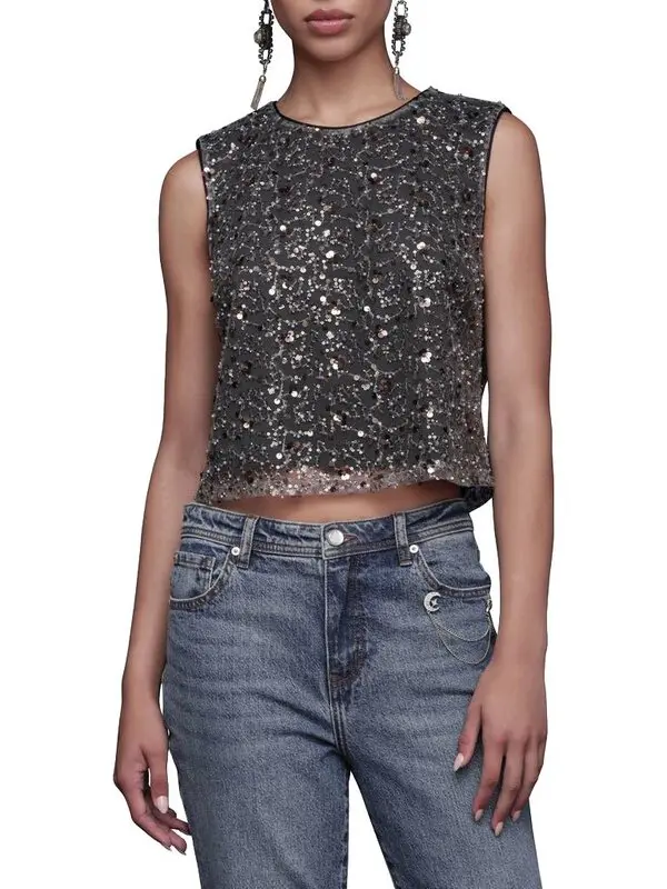 Avec Les Filles Sequin Mesh Tank - Black - Grey Mesh