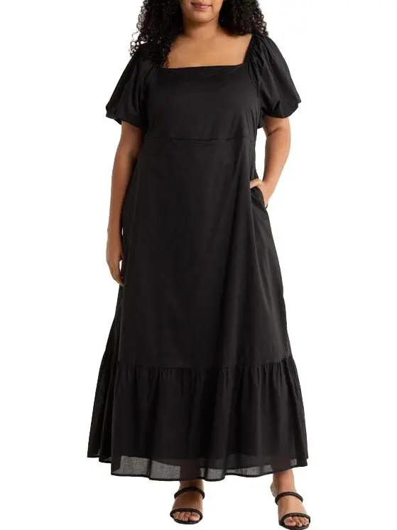 SUGARLIPS Cotton Maxi Dress With Puff Sleeves - Black