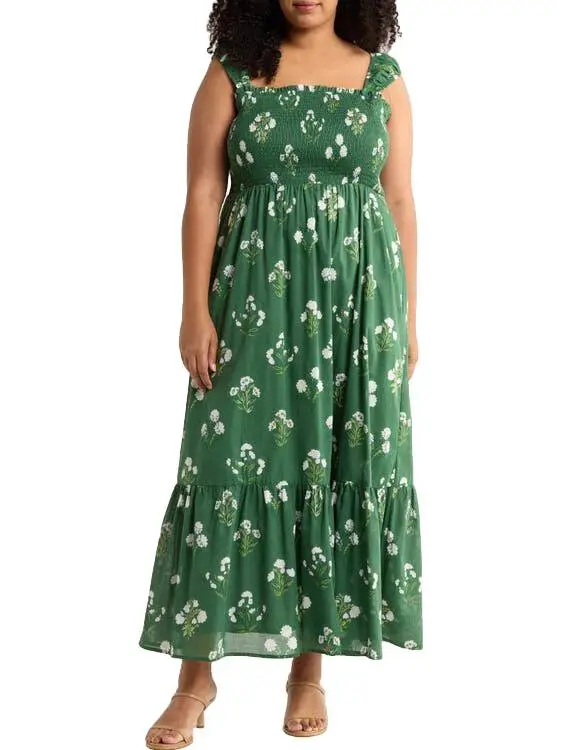 SUGARLIPS Kestrel Floral Smocked Cotton Maxi Sundress - Cream-green