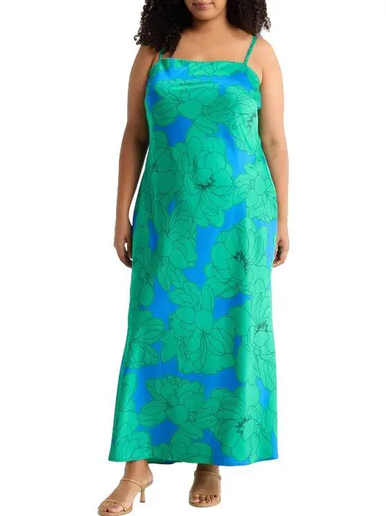 SUGARLIPS Floral Stretch Satin Maxi Dress - Blue-green