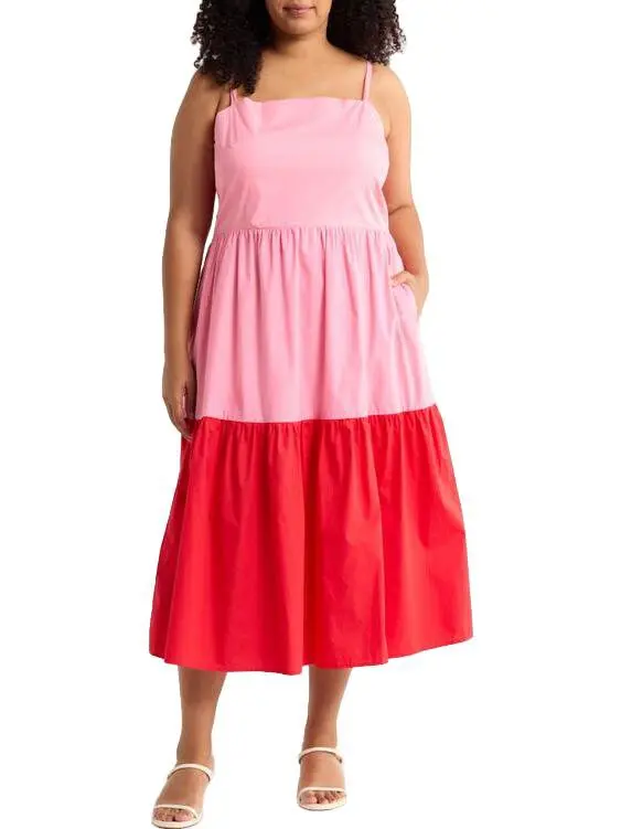 SUGARLIPS Rebekah Colorblock Cotton Midi Dress - Pink-red
