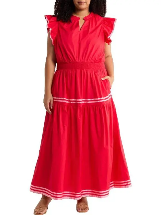 SUGARLIPS Solene Ruffle Cotton Maxi Dress - Cherry