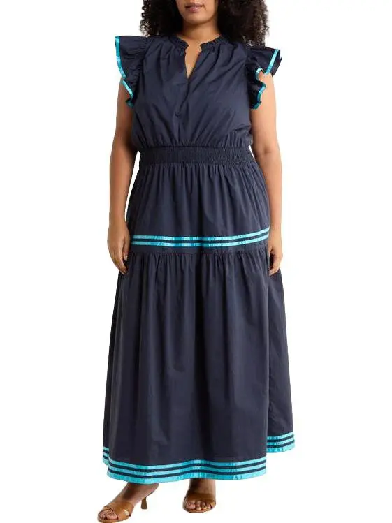 SUGARLIPS Solene Ruffle Cotton Maxi Dress - Navy