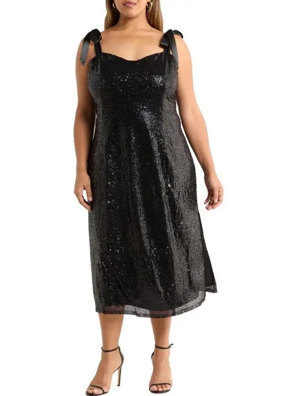 SUGARLIPS Sequin Tie Strap Midi Dress - Black