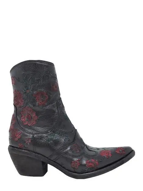 MADISON MAISON Leather Embroidered Ankle Boot - Black