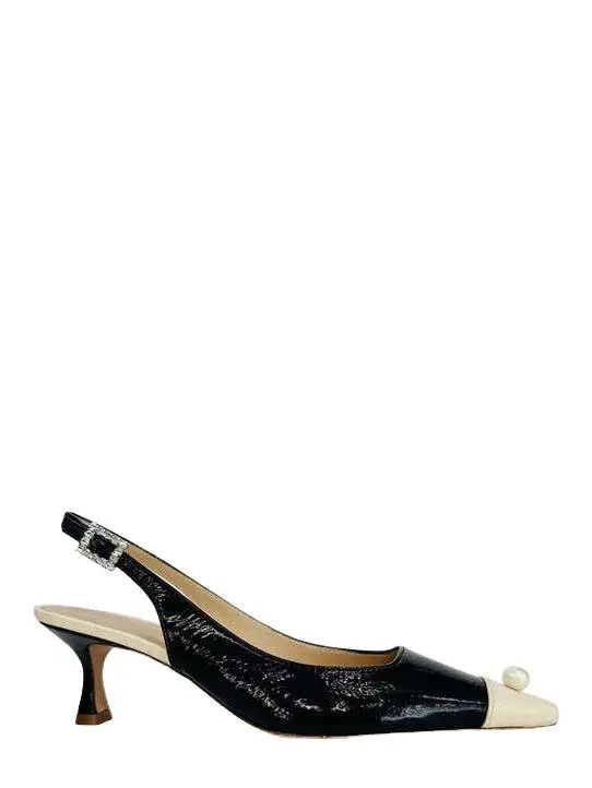 MADISON MAISON Kitten Heel Slingbacks With Pearl Accent - Navy/off White