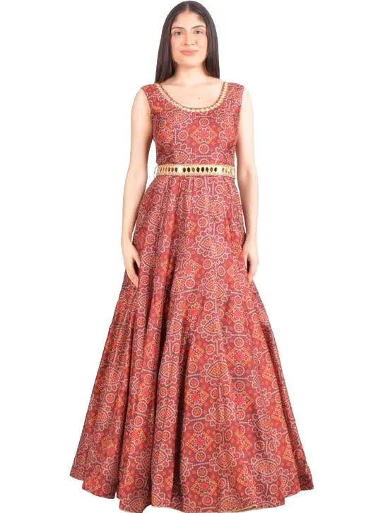 RAAS Printed Gown With Mirror Belt - Maroon