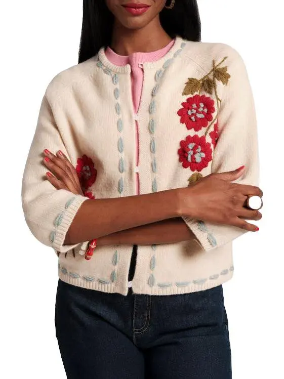 FRANCES VALENTINE Floral Lambswool Cardigan Coat - Natural/red/light Blue
