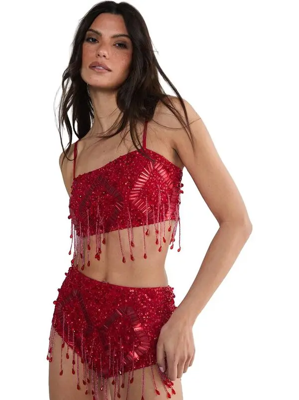 Nasty Gal Embellished Beaded Crop Top With Tassels - Red