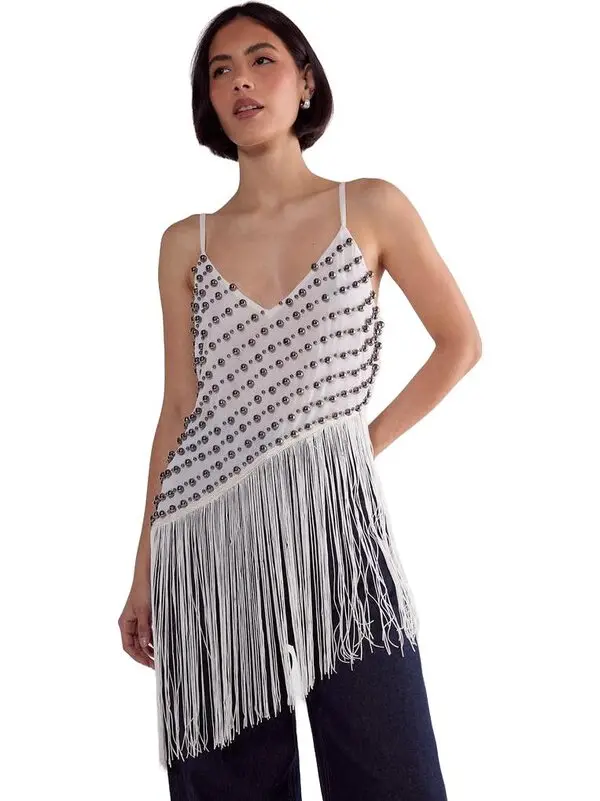 Nasty Gal Studded Asymmetric Fringed Cami Top - White