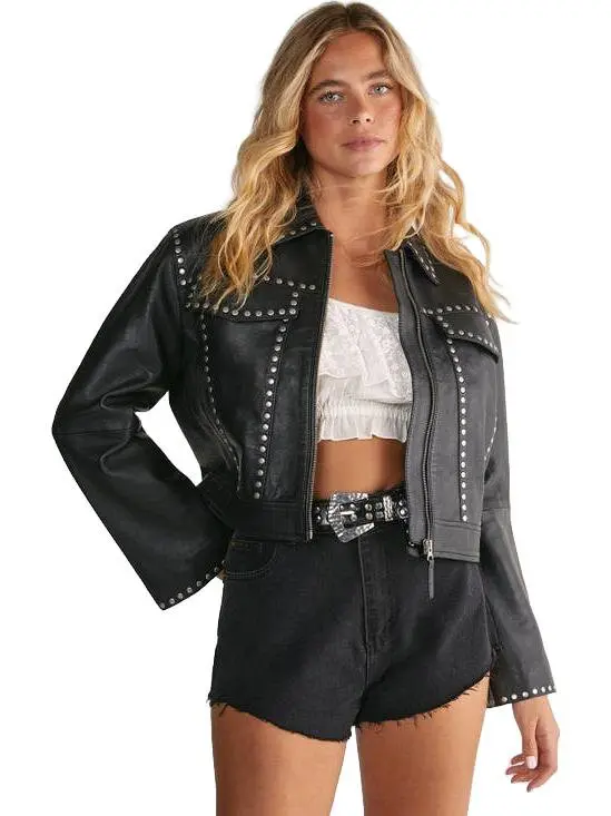 Nasty Gal Leather Studded Cropped Jacket - Black