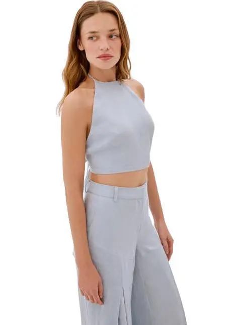 LABECA LONDON Polly Linen Backless Crop Top - Blue