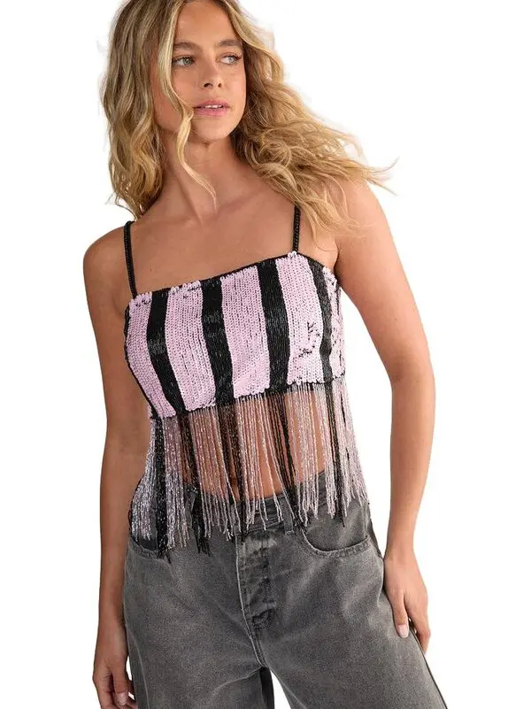 Nasty Gal Striped Sequin Tasseled Crop Top - Pink