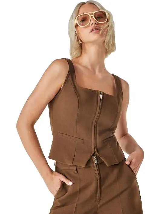 Nasty Gal Zip Front Sleeveless Top - Chocolate