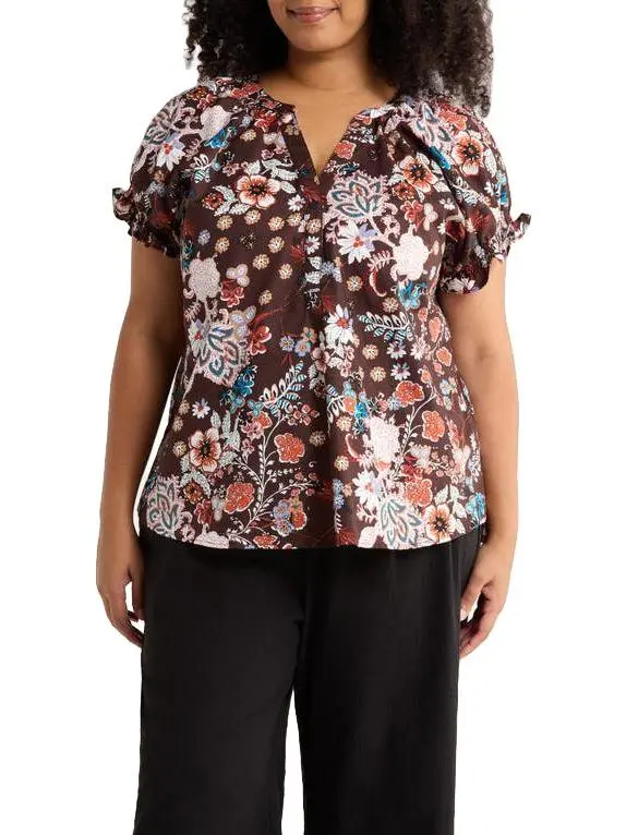 SUGARLIPS Floral Ruffle Cotton Top - Brown
